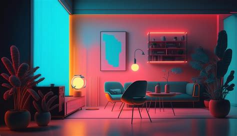 Premium Ai Image Mid Country Modern Neon Color Living Room Interior Design Ai Generated Image
