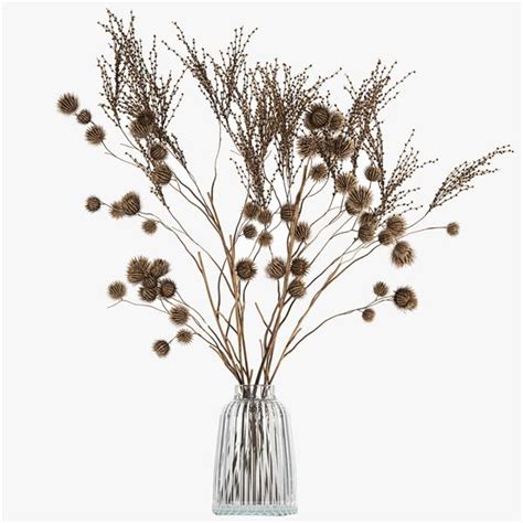 دسته گل تزئینی با تصویر سه بعدی از شاخه های خار خشک شده در گلدان با آرکتیوم در زمینه سفید 1600990