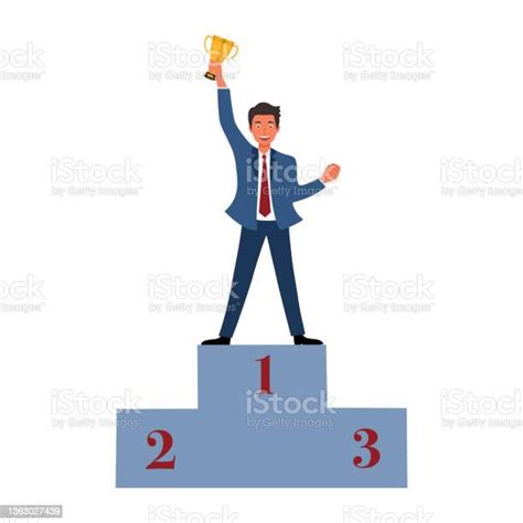 흰색 배경에 평면 디자인골드 컵 트로피 상을 들고 사업가 리더십 수상자 상을 축하하는 매니저 최고의 직원 강단에 대한 스톡 벡터 아트 및 기타 이미지 Istock