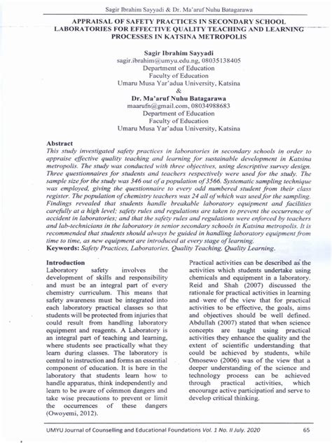 Appraisal Of Safety Practices In Seconda Pdf Laboratories Sampling Statistics