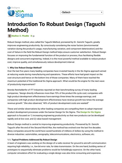 Introduction To Robust Design Taguchi Method Pdf Signal To Noise Ratio Reliability