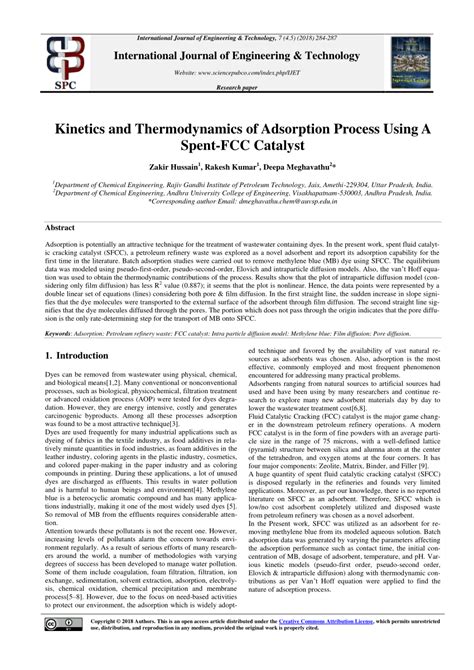 Pdf Kinetics And Thermodynamics Of Adsorption Process Using A Spent