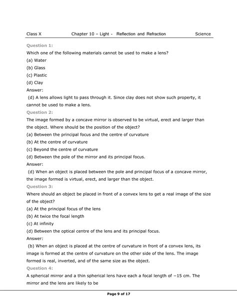 Class 10th Science Light Reflection And Refraction Ncert Solution Cbse 2023