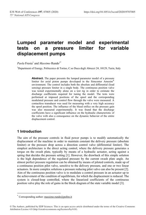 PDF Lumped Parameter Model And Experimental Tests On A Pressure Limiter For Variable