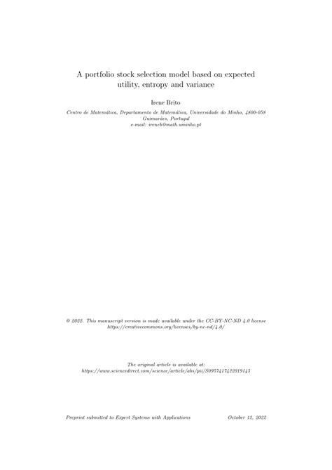 Pdf A Portfolio Stock Selection Model Based On Expected Utility