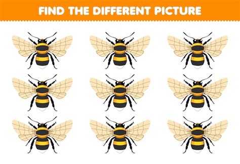 어린이를 위한 교육 게임은 귀여운 만화 꿀벌 인쇄용 버그 워크시트의 다른 그림을 찾습니다 프리미엄 벡터