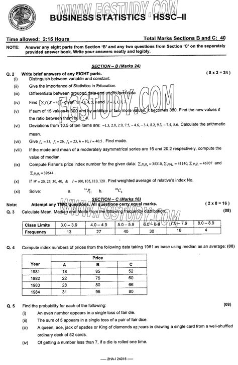 12th Class Business Statistics Past Paper 2024 Federal Board Islamabad