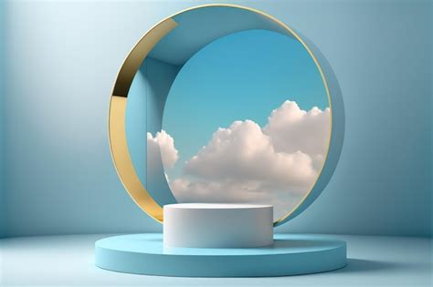 하늘 구름 플랫폼이 있는 3d 배경 제품 디스플레이 거울 연단 장면 현대 전시회 또는 갤러리 3d 그림 프레젠테이션을 위한 연단