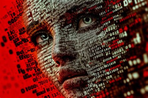 Close Up Of A Personâ€™s Face Overlaid With Glowing Binary Code Stock Illustration