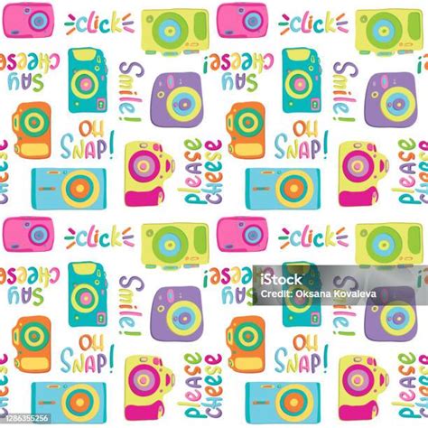 원활한 카메라 와 레터링 패턴 손으로 그린 복고풍 의 다채로운 사진과 문구 미소 치즈를 말하십시오 오 스냅 좋은 샷을 예술에 대한 스톡 벡터 아트 및 기타 이미지 Istock