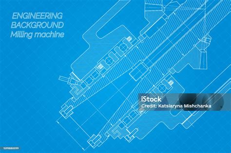 파란색 배경에 기계 공학 도면 밀링 머신 스핀들 기술 설계 표지 청사진 개발에 대한 스톡 벡터 아트 및 기타 이미지 개발 건설 기계류 건설 산업 Istock