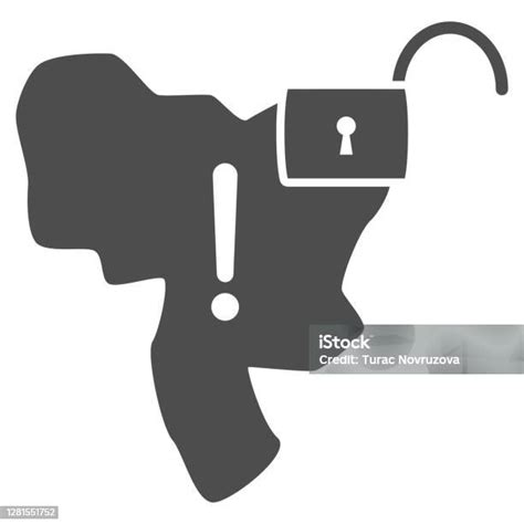 오픈 잠금 및 느낌표 고체 아이콘 경제 제재 개념 국가는 백색 배경에 폐쇄 기호의 직전에 글리프 스타일의 잠금 해제 국가 아이콘