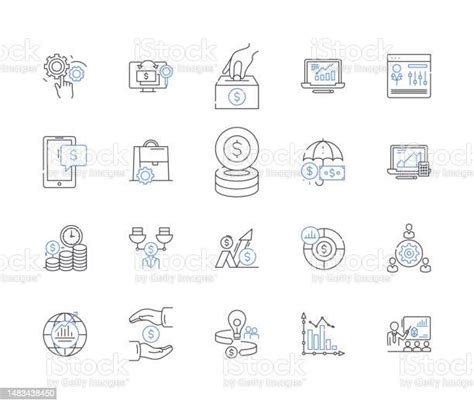 금융 사업 개요 아이콘 모음입니다 회계 세무 투자 은행 예산 책정 감사 대출 벡터 및 일러스트레이션 개념 세트 자금 지급 불능 외환 선형 표지판 화해에 대한 스톡 벡터 아트