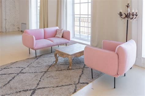 대낮에 치장 벽토 몰딩이 있는 흰색 벽과 파스텔 핑크 색상의 현대적인 세련된 가구가 있는 섬세하고 아늑한 조명 인테리어