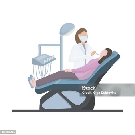 치과 의사는 사람을 치료하고 검사합니다 치과 의사의 사무실에서 특별한 의료 의자와 악기에 병원의 의료진 의사와 환자 치과 진료소용 배너 가구에 대한 스톡 벡터 아트 및 기타