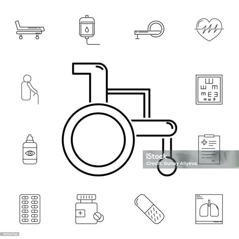 휠체어 라인 아이콘입니다 의학 도구 아이콘의 집합입니다 웹 아이콘 프리미엄 품질 그래픽 디자인입니다 표지판 개요 기호 컬렉션 웹 디자인 웹사이트 모바일 응용 프로그램에 대