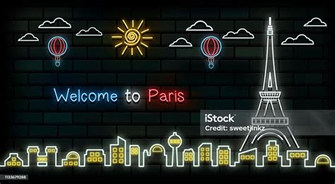 프랑스와 파리 여행과 여행 네온 빛 배경입니다 벡터 디자인 서식 파일입니다 광고 책 배너 템플릿 여행 비즈니스 또는 프레젠테이션에 사용 됩니다 0명에 대한 스톡 벡터 아트