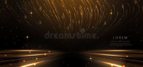 Elegant Golden Curved Lines Glowing With Lighting Effect Sparkle On Black Background Template