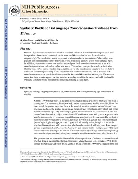 Pdf Syntactic Prediction In Language Comprehension Evidence From Eitheror