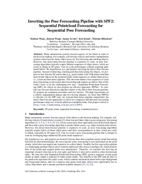 Pdf Inverting The Pose Forecasting Pipeline With Spf2 Sequential Pointcloud Forecasting For