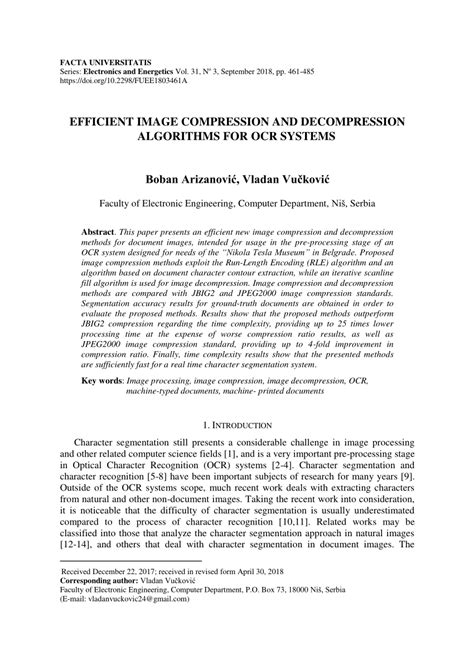 Pdf Efficient Image Compression And Decompression Algorithms For Ocr