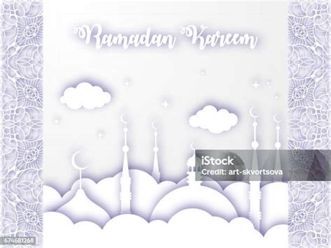 벡터 3d 이슬람 종이 예술 컷 라마단 카림 휴일 축 하 인사말 카드 배경 벡터 일러스트 모스크와 문 종이로 만든 아라비아 도시의 전망 이슬람 디자인입니다 Eid 무바라크