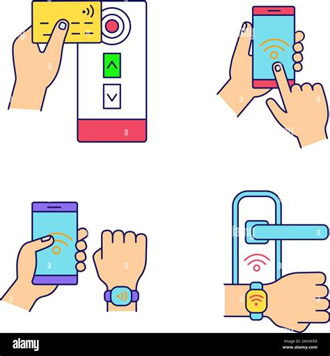 Nfc Technology Color Icons Set Near Field Credit Card Reader Smartphone Bracelet Door Lock