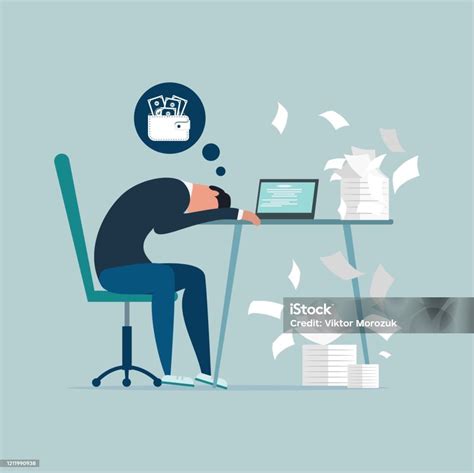 돈 문제 금융 문제 플랫 일러스트직업적인 소진 증후군 지친 아픈 피곤 한 남성 관리자 사무실에서 슬픈 지루한 노트북에 머리를 앉아 좌절 노동자 정신 발고자 걱정하는에 대한