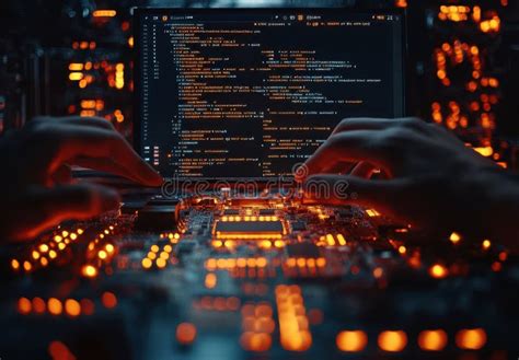 close up of hands installing a computer chip with coding on screen stock image image of