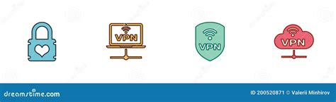 Set Padlock With Heart Vpn Computer Network Shield Wireless And Network Cloud Connection Icon