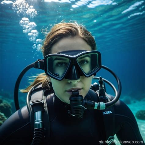 Scuba Diver Woman Wearing Skin Tight Wetsuit And Looking At Viewer