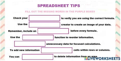 Spreadsheet Tips Worksheet Live Worksheets