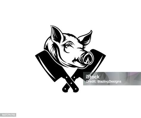 돼지 돼지 고기 빈티지 복고풍 도살장 돼지 머리 실루엣과 도살장 산업 벡터 디자인 및 일러스트레이션을 위한 교차된 정육점 칼 가정 생활에 대한 스톡 벡터 아트 및 기타