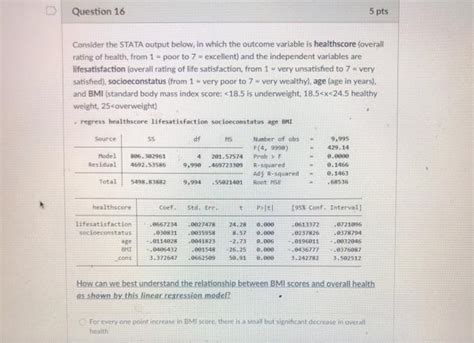 Solved Question 16 5 Pts Consider The Stata Output Below In