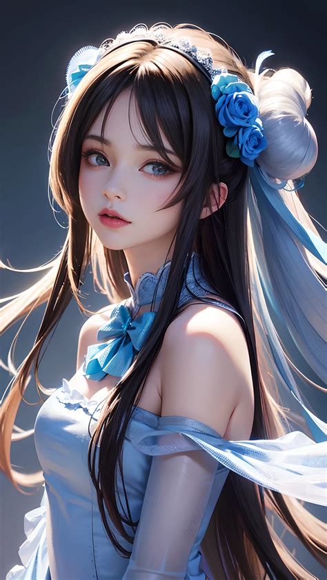 긴 머리를 하고 파란색 드레스를 입고 머리에 꽃을 꽂은 여성 Seaart Ai