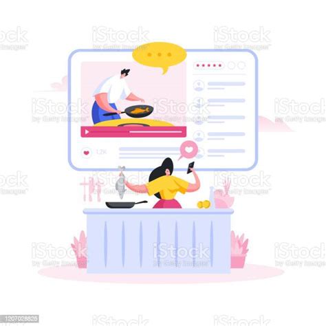 여자 는 생선을 요리하고 온라인 조리법을보고 평면 만화 사람 벡터 일러스트 요리하기 음식 준비에 대한 스톡 벡터 아트 및 기타 이미지 요리하기 음식 준비 학습 가공의
