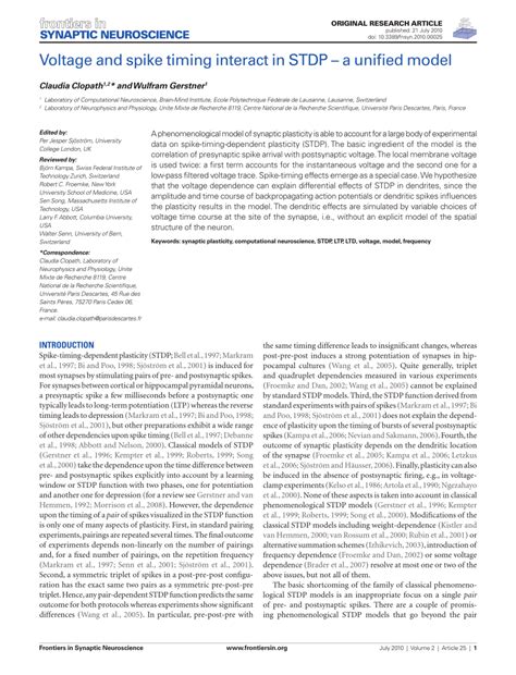 Pdf Voltage And Spike Timing Interact In Stdp A Unified Model