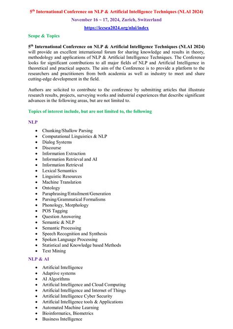 5th International Conference On Nlp And Artificial Intelligence Techniques Nlai 2024 Pdf