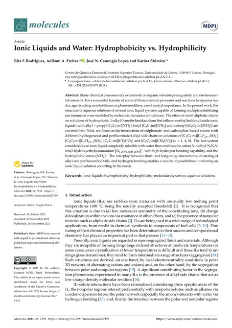 Pdf Ionic Liquids And Water Hydrophobicity Vs Hydrophilicity