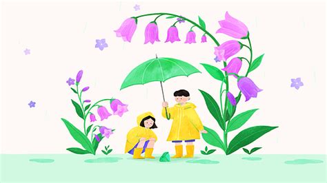 유토이미지 노란색 비옷을 입은 두 아이가 우산을 들고 보라색 꽃밭 앞에 서 있는 모습이다