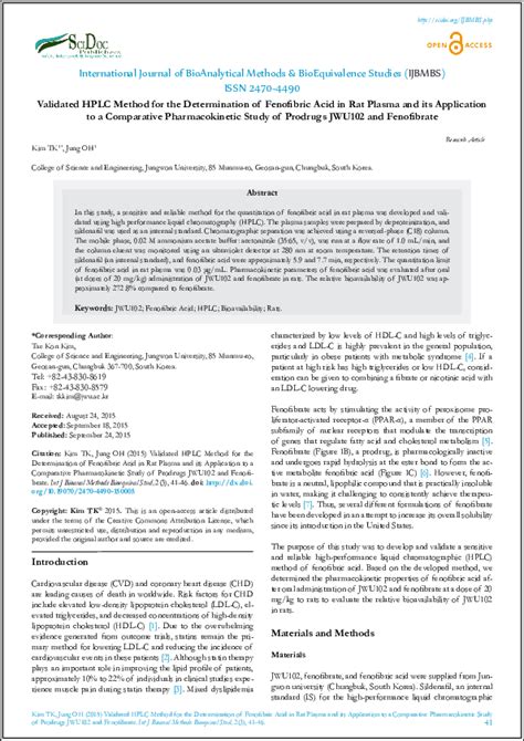 Pdf Validated Hplc Method For The Determination Of Fenofibric Acid In Rat Plasma And Its