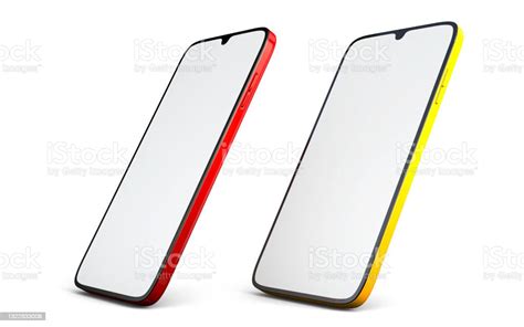 빈 화면으로 빨간색과 노란색 스마트 폰 모형 흰색 배경에 격리 된 모바일 모형 3d 일러스트레이션 3차원 형태에 대한 스톡 사진