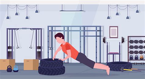 스포츠 남자 하 고 푸쉬 업 운동을 하는 타이어 보디 빌딩 체육관 하드 트레이닝 건강 한 라이프 스타일 컨셉 플랫 모던 피트 니스 힐 Ht 클럽 인테리어 수평 강사에 대한