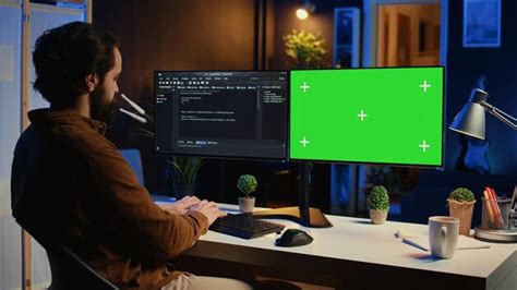 Premium Photo Programmer Typing Complex Code On Green Screen Computer In Neon Lit Home Office