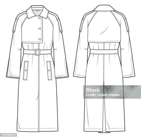 래글런 슬리브트렌치코트 테크니컬 패션 일러스트 트렌치 코트 패션 플랫 기술 도면 템플릿 미디 길이 플레어 슬리브 포켓 전면 및