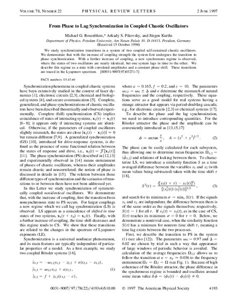 Pdf From Phase To Lag Synchronization In Coupled Chaotic Oscillators