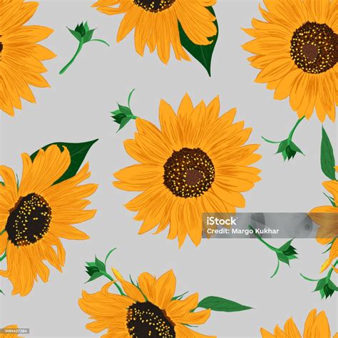 해바라기 원활한 패턴입니다 나뭇잎과 꽃 벽지입니다 밝고 다채로운 예술적 그림 꽃 그림 손으로 그린 컬러 식물입니다 회색 배경에 벡터 그림입니다 섬유 직물 가을에 대한 스톡