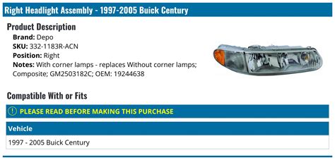 1997 2005 Buick Century Headlight Assembly Depo 332 1183r Acn Right