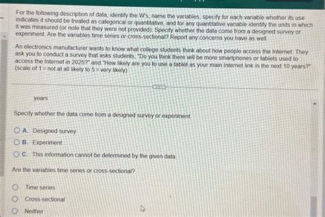 Solved For The Following Description Of Data Identify The Chegg