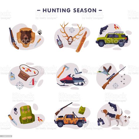 hunting season hunter attributes tackles and equipment set flat vector